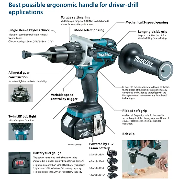 Makita DHP481RFJ hammer drill machine 13mm 18V 115Nm 2.8kg